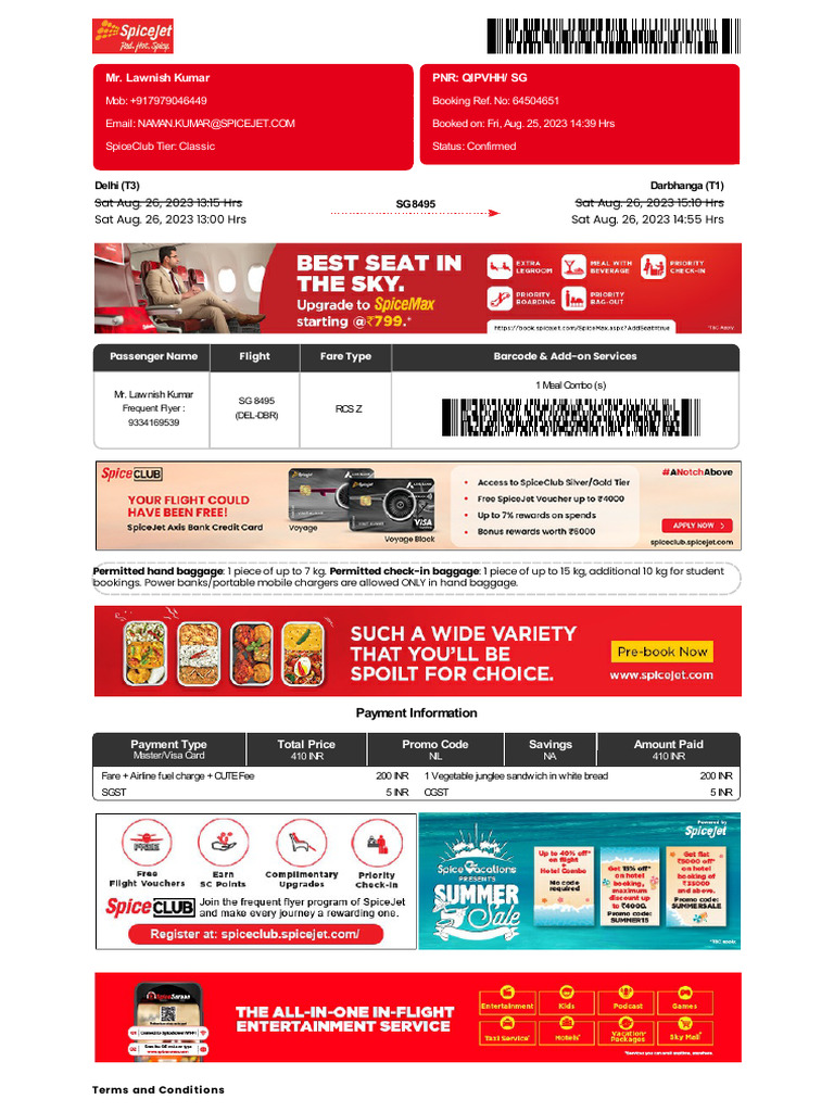 SpiceJet - E-Ticket - PNR - QIPVHH 26 Aug 2023 Delhi-Darbhanga For MR ...