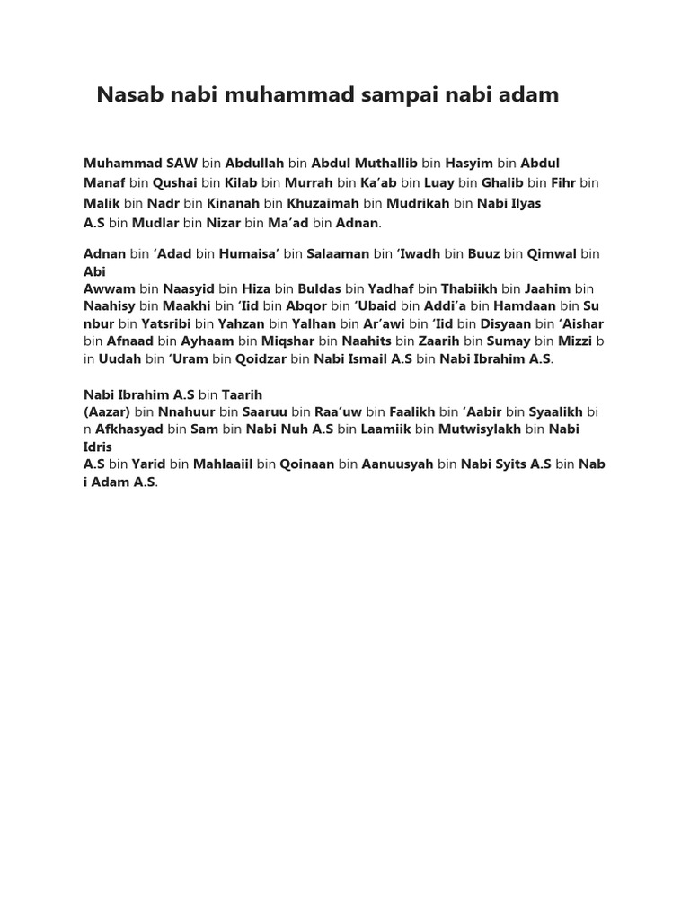 Nasab Nabi Muhammad Sampai Nabi Adam | PDF