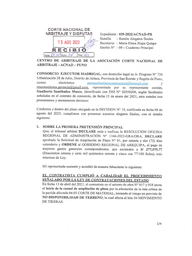 Cargo de Recepcion de Escrito Con Registro Nro 421 | PDF