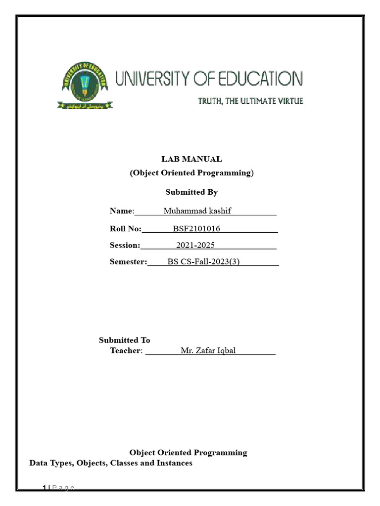 OOP Lab Mannual BY MUHAMMAD KASHIF | PDF | Class (Computer Programming) | C++