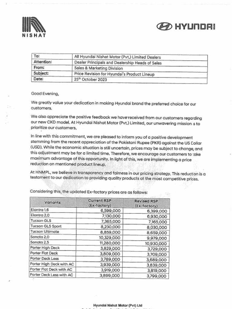 CIRCULAR - Price Revision of Hyundai's Product Line | PDF