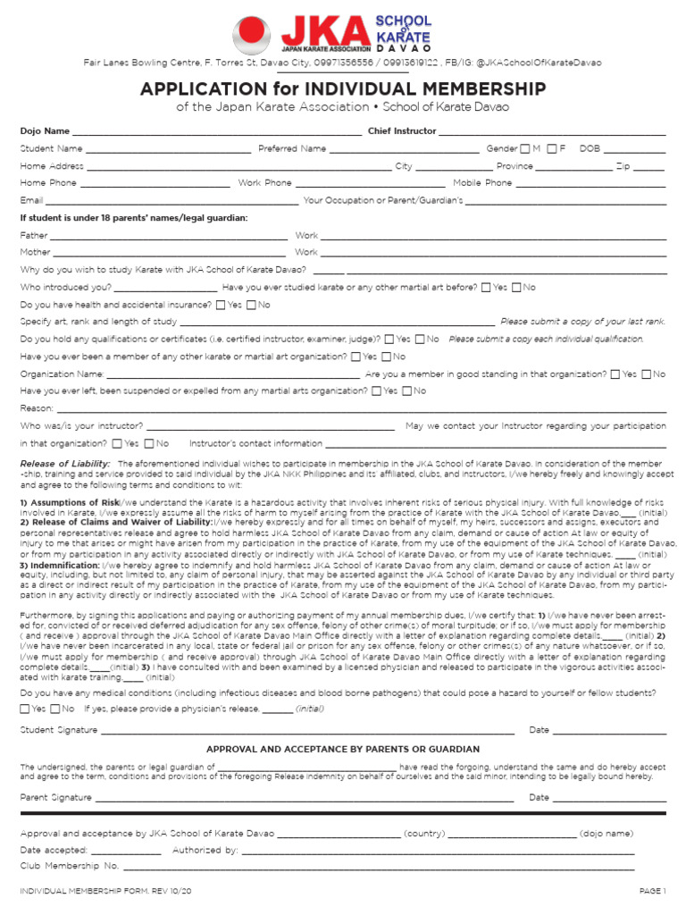 Membership Form JKA School of Karate Davao | PDF | Indemnity | Common Law