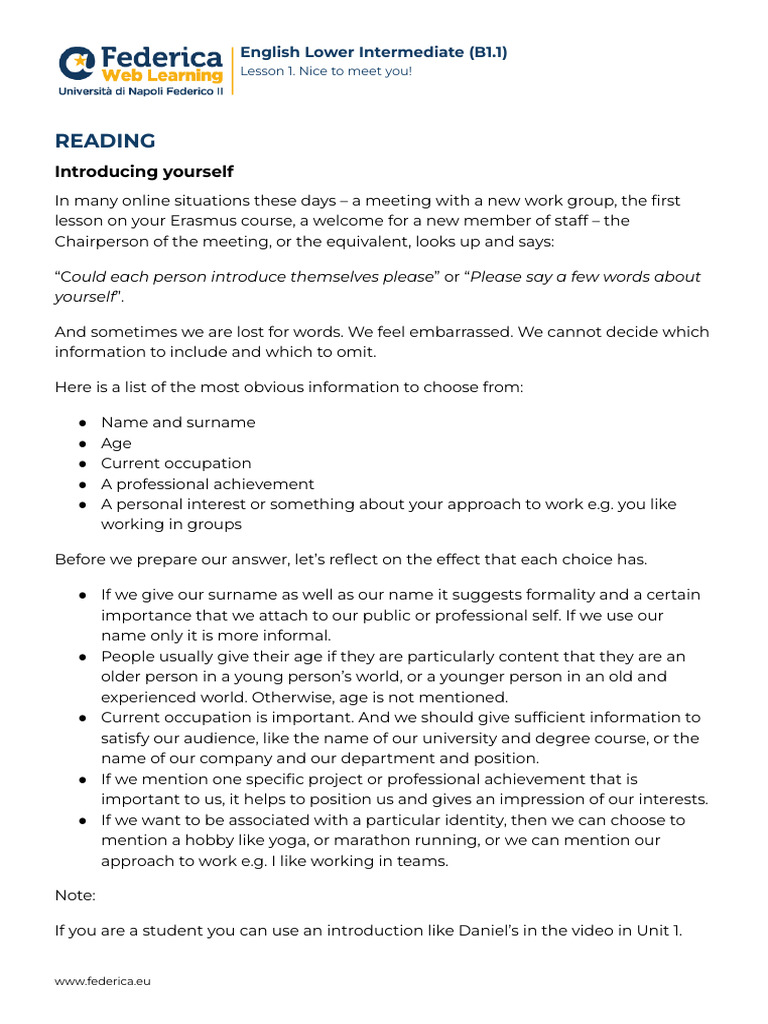 0mddaIA5Ql2xv2xxNhuJtw - Lesson1 Reading Introducing Yourself | PDF