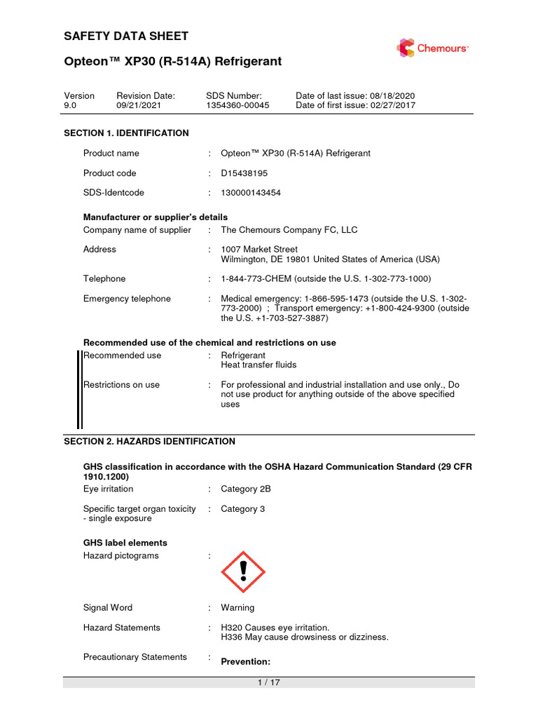Opteon XP30 R 514A | PDF | Dangerous Goods | Occupational Safety And Health