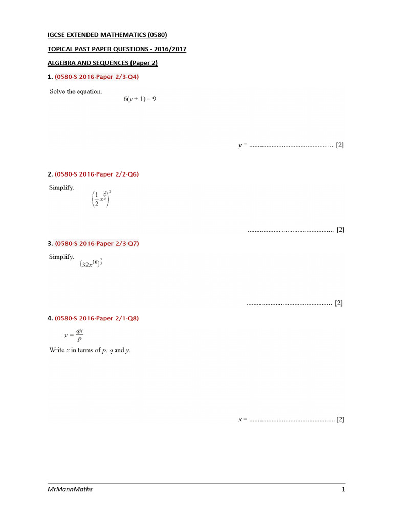 IGCSE Algebra Past Papers 2016-2017 | PDF | Mathematics | Algebra