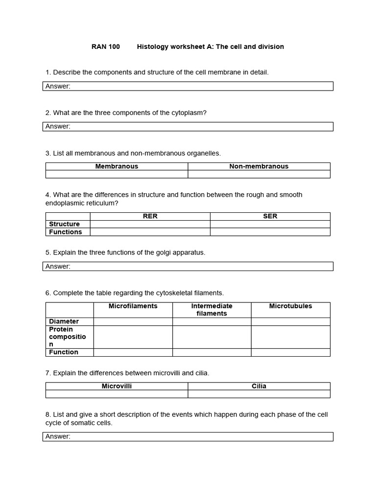 Histology Worksheet A | PDF