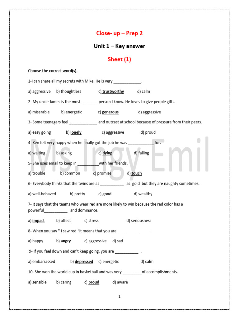 Close Up - Key Answers Unit 1 - 2024 - Prep 2 | PDF