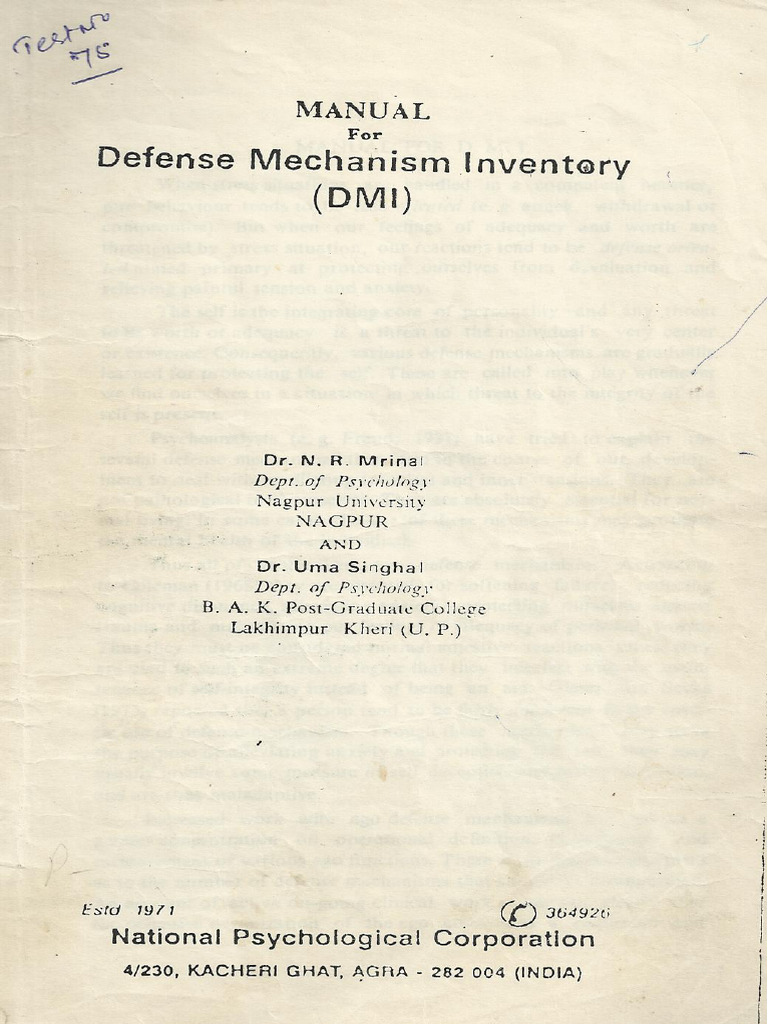 Defence Mechanism Inventory DMI Male Female Form Hindi 74 75 | PDF