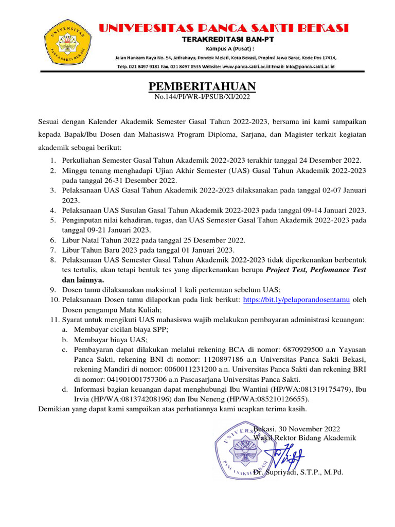 Surat Pemberitahuan UAS Gasal 22-23 | PDF