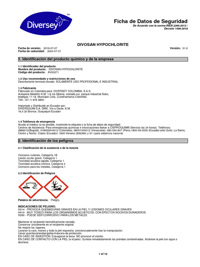 Sds Divosan Hypochlorite | PDF | Agua | Higiene Ocupacional