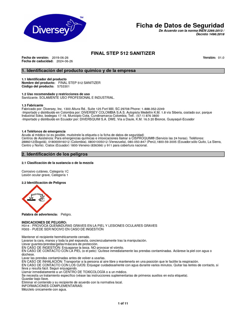 Sds Final Step 512 Sanitizer | PDF | Agua | Toxicología