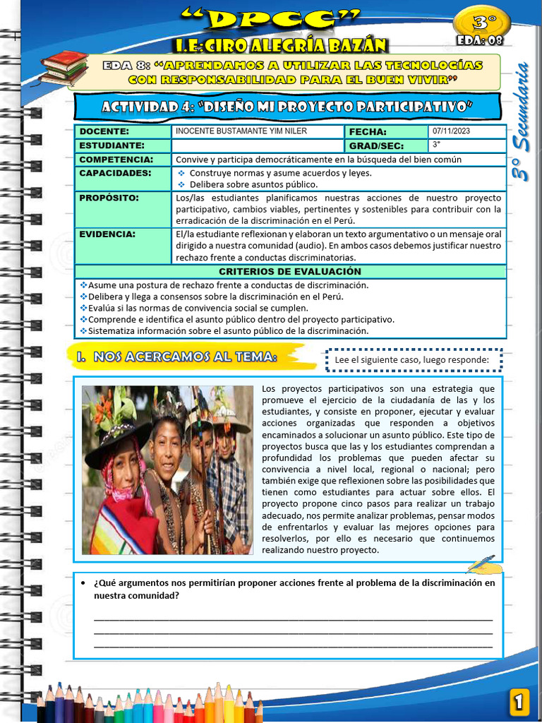 YIM DPCC_EDA 8_FICHA DE APRENDIZAJE 4_3° GRADO | PDF | Discriminación | Evaluación