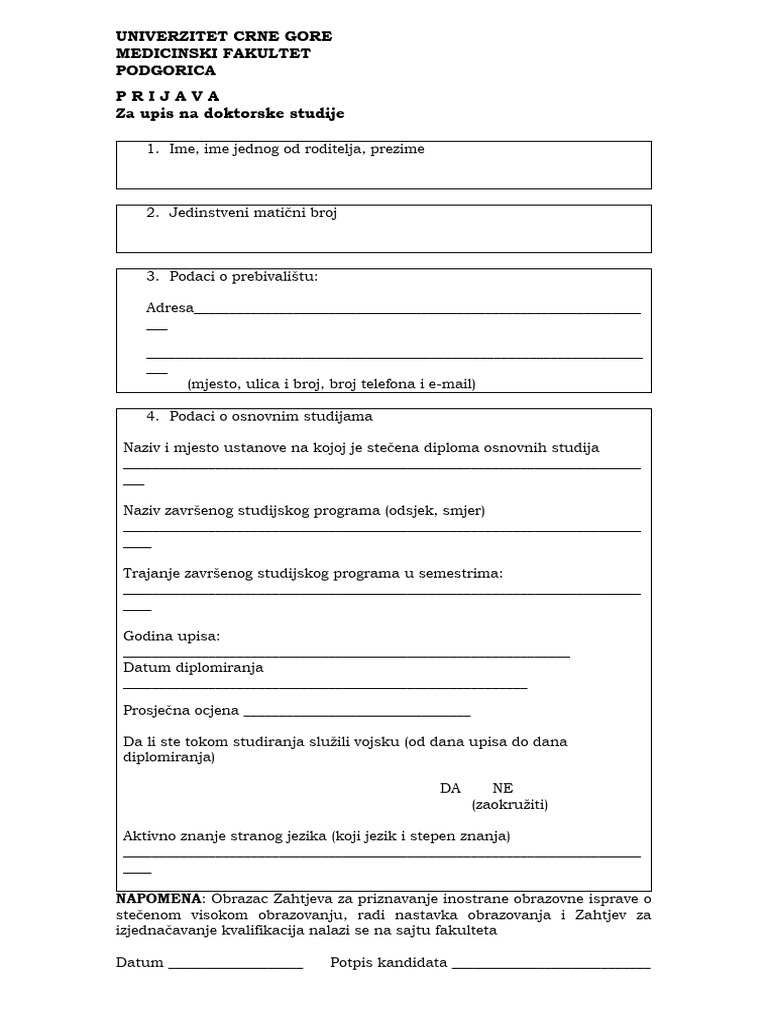 Prijava Na Konkurs Za Upis Na Doktorske Studije | PDF