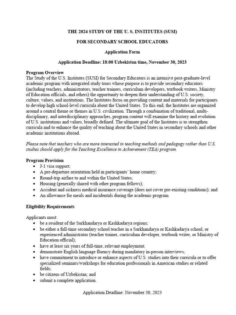 2024 SUSI Application for Educators | PDF | Curriculum | Teachers