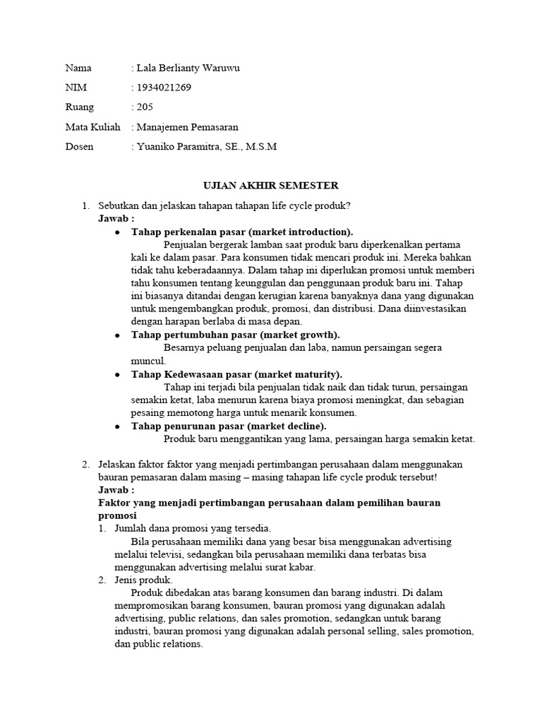 Uas Manajemen Pemasaran | PDF | Pengelolaan Keuangan & Uang