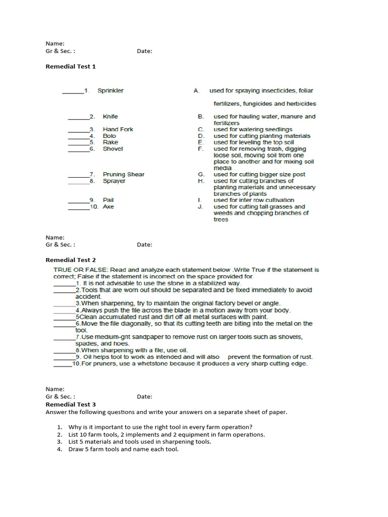 Remedial Test gr7 Horticulture | PDF