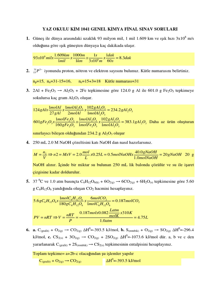 Yaz Okulu Kim 1041 Genel Kimya Final Sinav Sorulari 1. Güneş Ile Dünya Arasındaki Uzaklık 93 ...