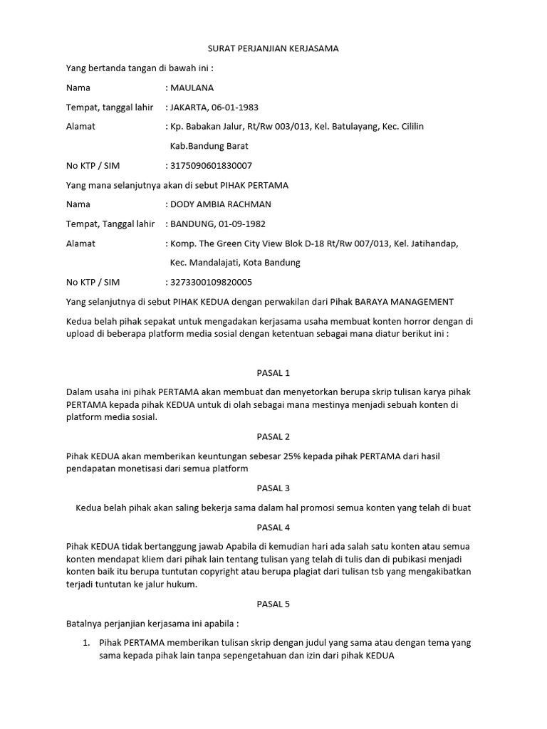 Surat Perjanjian Kerjasama Dengan Client Pdf