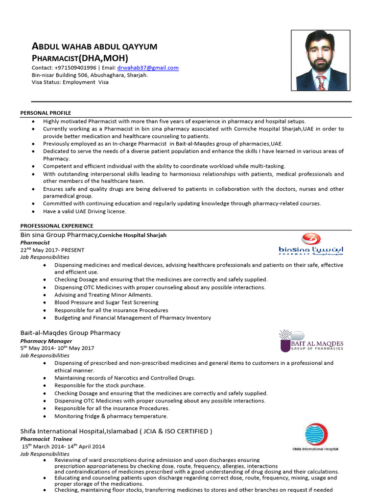Abdul Wahab CV 29-03-2018 (Corrected) | PDF | Pharmacy | Pharmacist