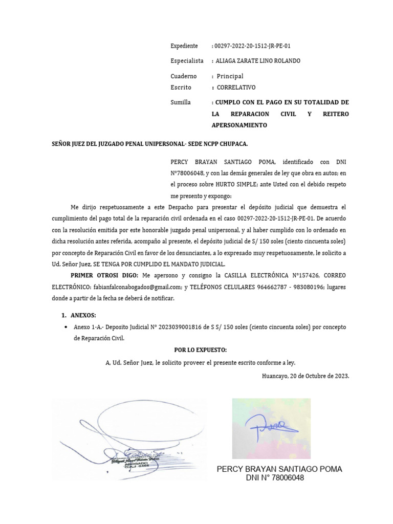 Cumplo Con El Pago en Su Totalidad de La Reparacion Civil y Reitero ...