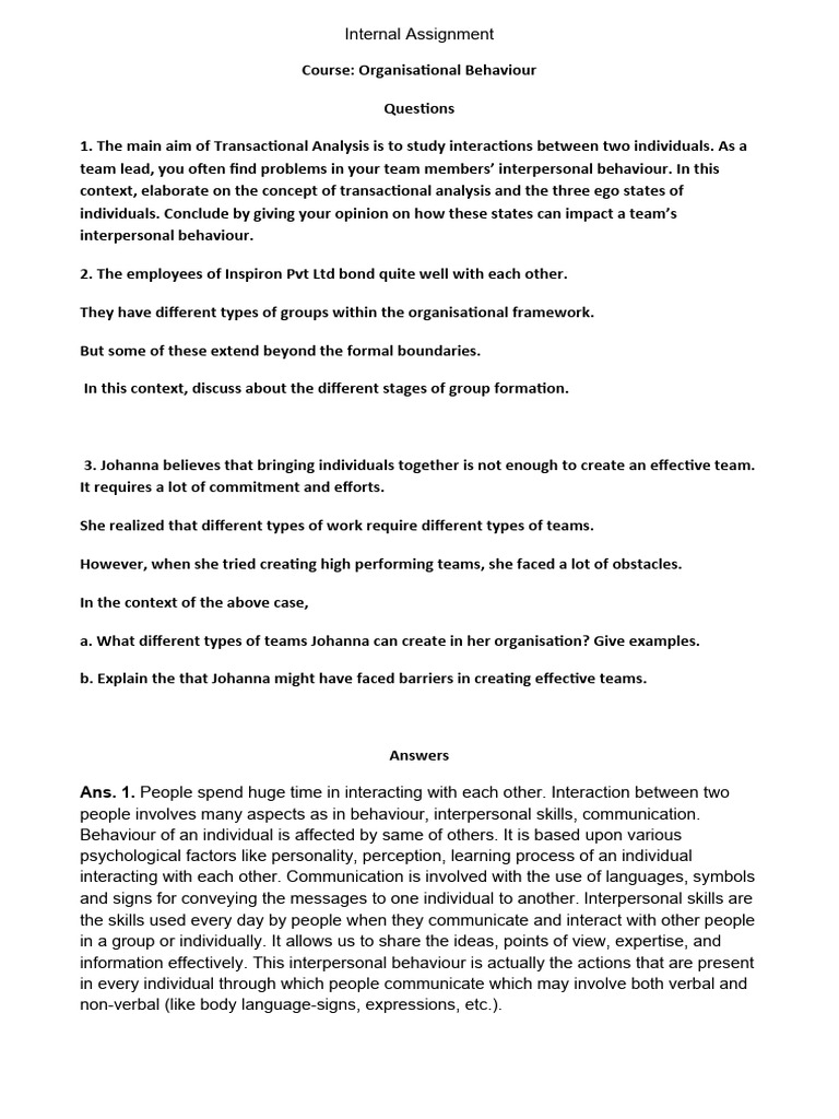 Organizational Behavior Internal Assignment APRIL 2021 ANSWERS | PDF ...