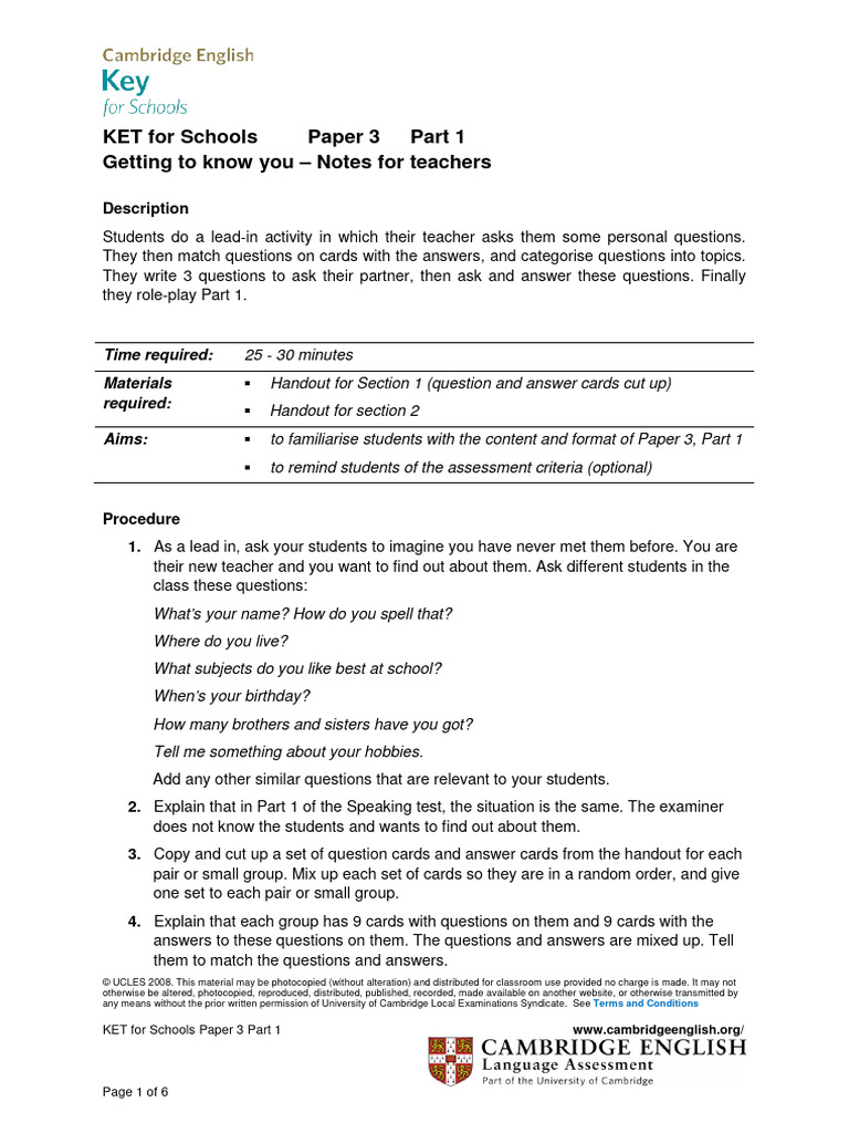 Cambridge English Key For Schools Ket For Schools Speaking Part 1 | PDF ...