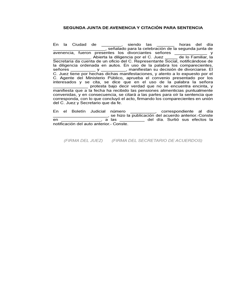 Segunda Junta de Avenencia Y Citación para Sentencia: (Firma Del Juez ...
