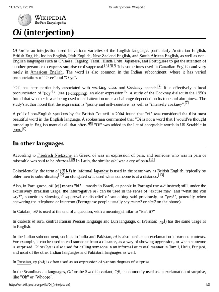 Oi (Interjection) - Wikipedia | PDF | Linguistics | Human Communication