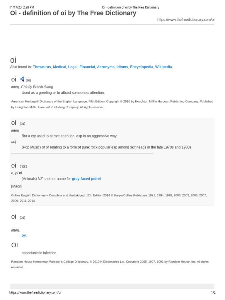 Oi - Definition of Oi by The Free Dictionary | PDF | Dictionary ...