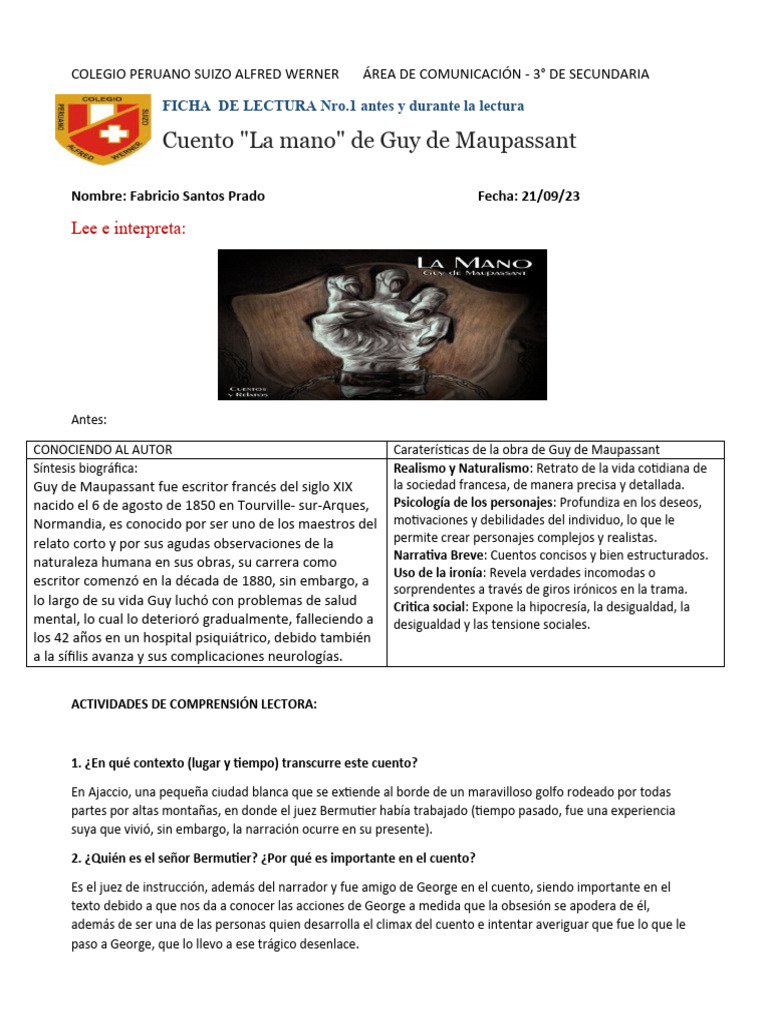Ficha Antes Durante La Lectura La Mano | PDF | Guy De Maupassant | Cuentos