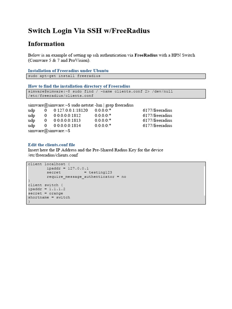 Freeradius TELNET-SSH Authentication | PDF | Radius | Sudo