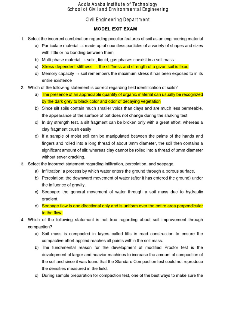 AAiT - Civil Eng - Model Exam - SCEE | PDF | Soil Mechanics | Deep ...