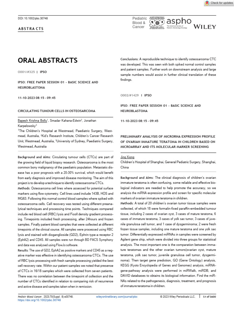 Pediatric Blood Cancer - 2023 - Abstracts | PDF | Surgery | Ovarian Cancer