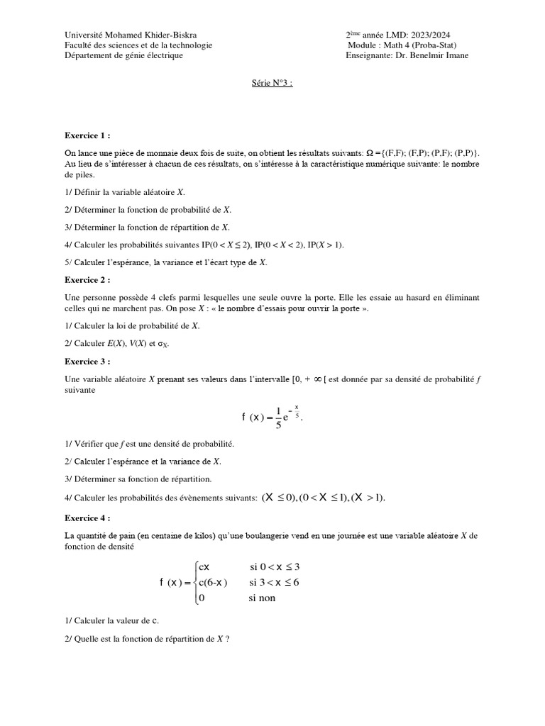 Exercices de Proba-Stat pour Ingénieurs | PDF | Loi de probabilité | Variable aléatoire