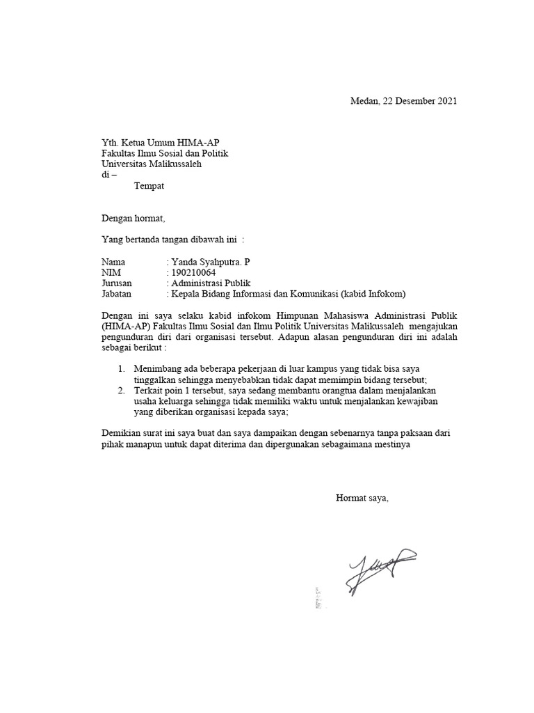 Surat Pengunduran Diri Dari Kepengurusan HIMA-AP | PDF | Ilmu Sosial