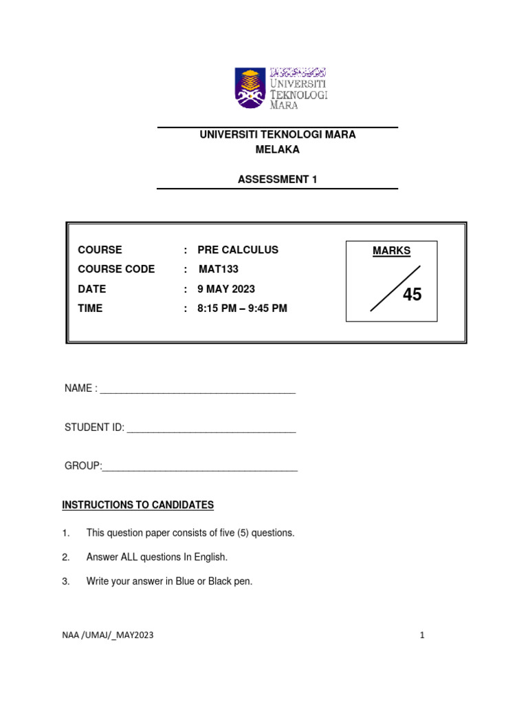 MAT133 Precalculus Assessment May 2023 | PDF | Elementary Mathematics | Euclidean Geometry