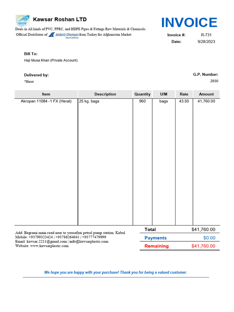 Invoice: Kawsar Roshan LTD | PDF