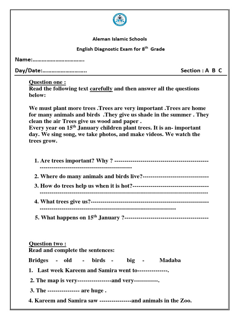 8th Grade Exam Diagnostic | PDF