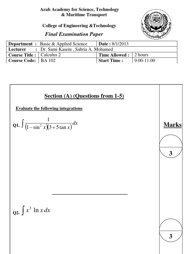 Calculus 2 Final Exam Paper | PDF | Mathematical Concepts | Applied ...