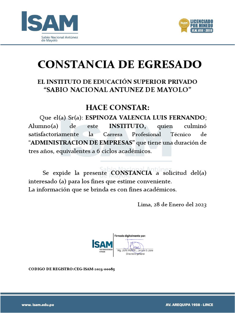 Constancia de Egresado Isam Fernando Espinoza Valencia | PDF Constancia de Egresado Isam Fernando Espinoza Valencia | PDF