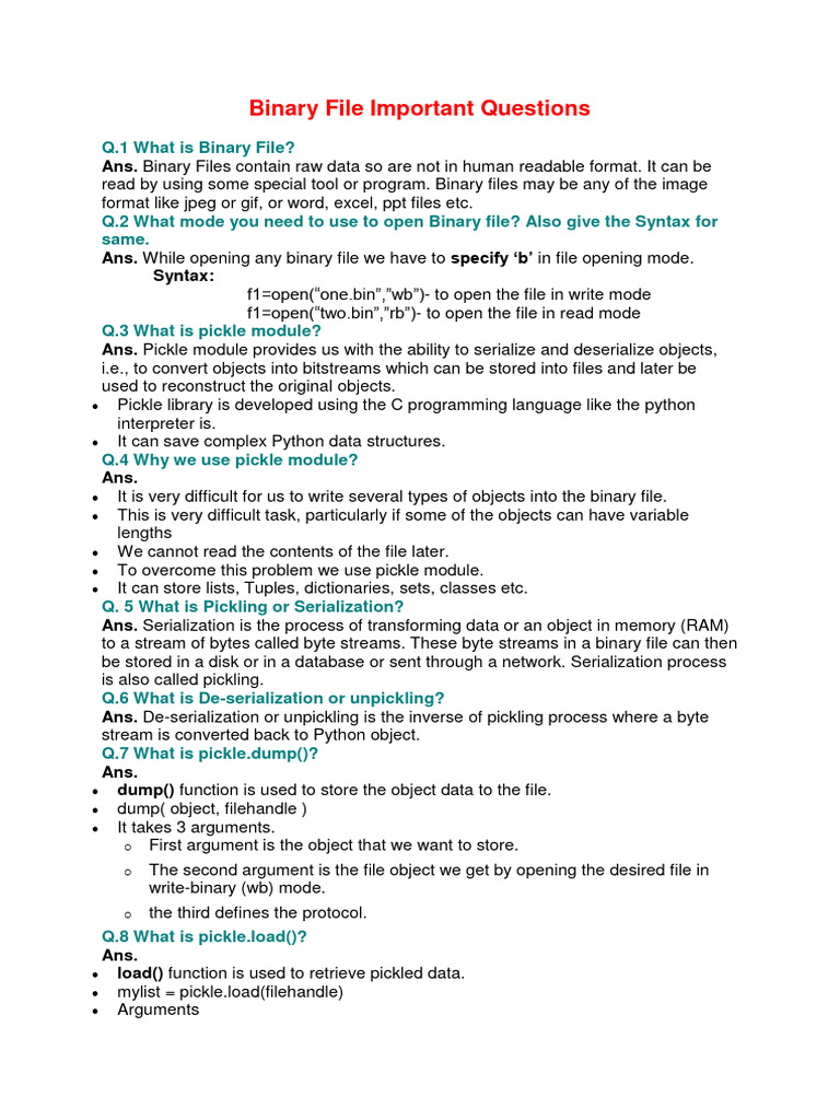 Binary File Important Questions | PDF | Computer File | File Format