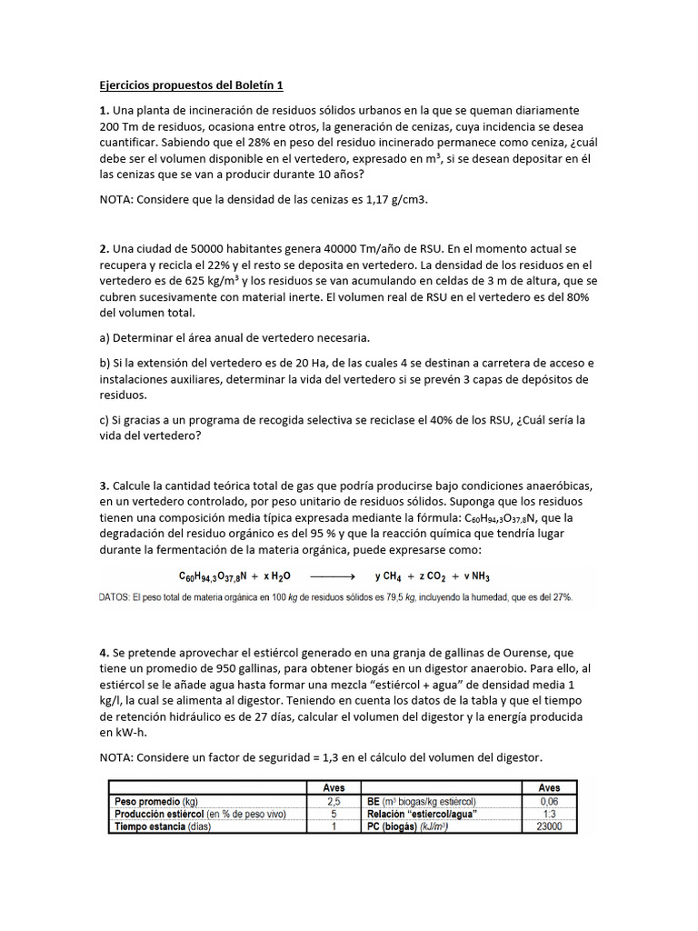 Ejercicios Propuestos Del Boletín 1 | PDF | Biogás | Vertedero