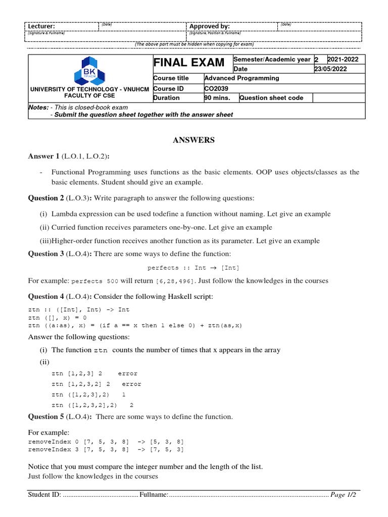 FinalExamCLC 2021 Ans | PDF | Anonymous Function | Computing