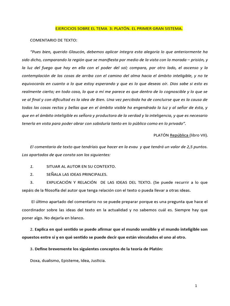 Ejercicios Del Tema 3 Platón | PDF | Platón | Conocimiento