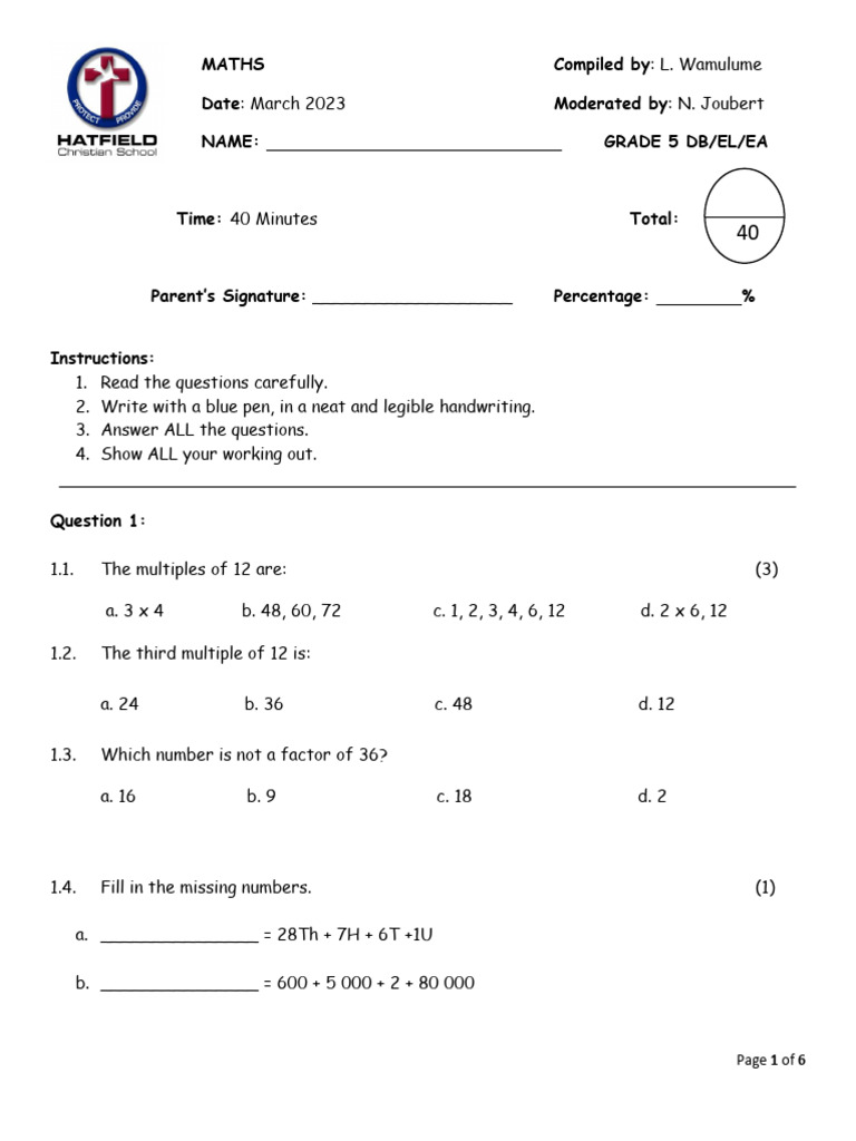Grade 5 Cycle Test March 2023 | PDF | Mathematics