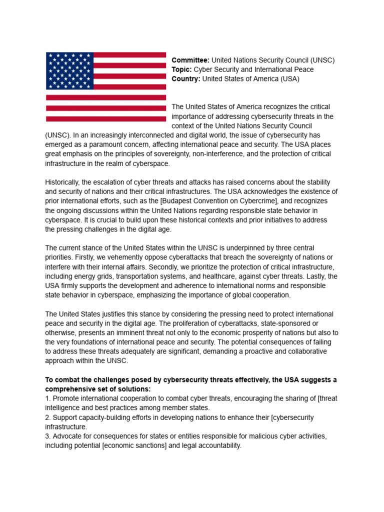UNSC Position Paper USA | PDF | Security | Computer Security