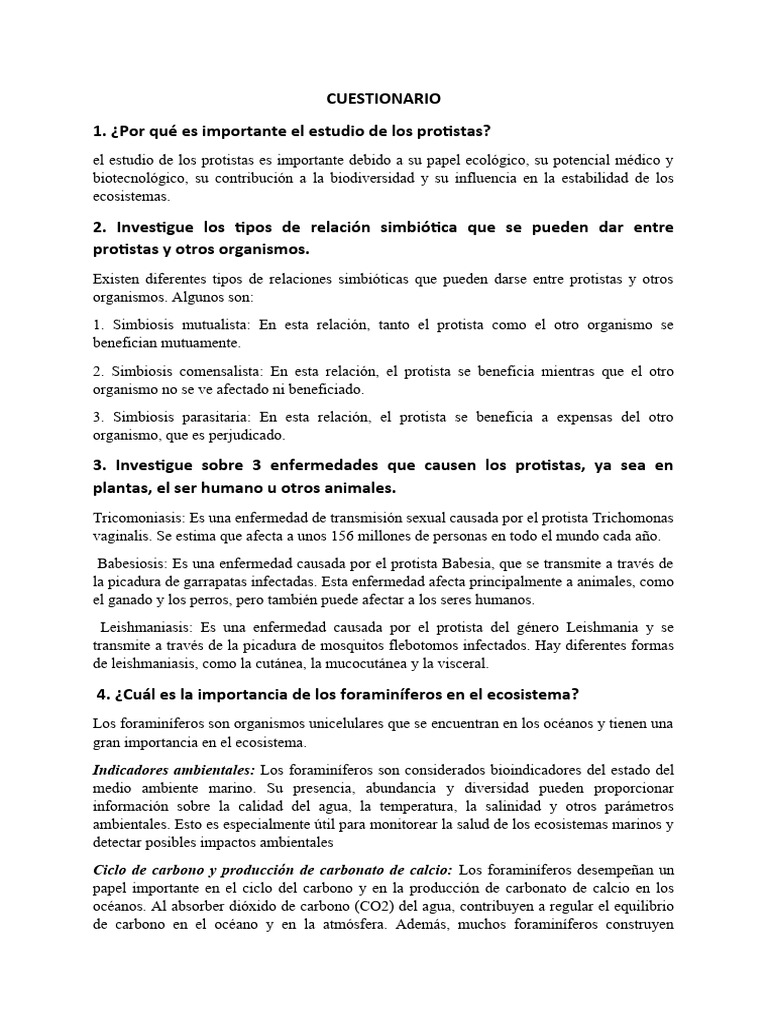 CUESTIONARIO1 | PDF | Algas | Protozoos
