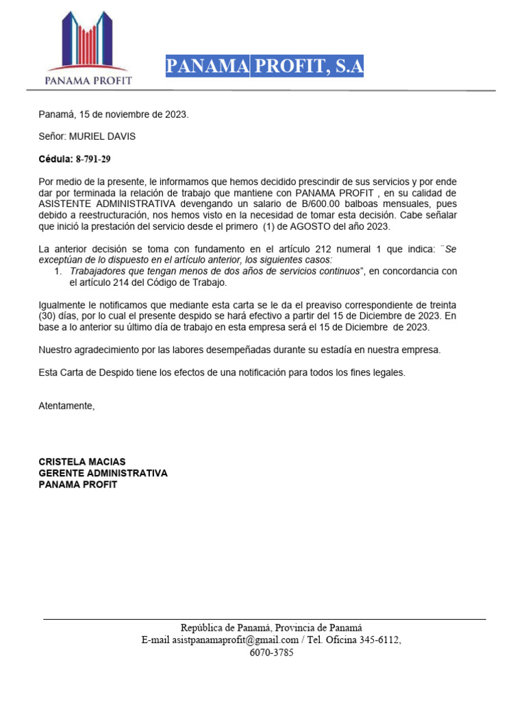 Carta de Preaviso - Orlando Alveo | PDF