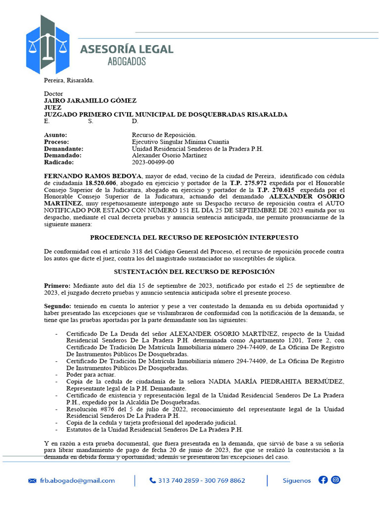 Recurso de Reposicion | PDF | Demanda judicial | Debido al proceso Recurso de Reposicion | PDF | Demanda judicial | Debido al proceso