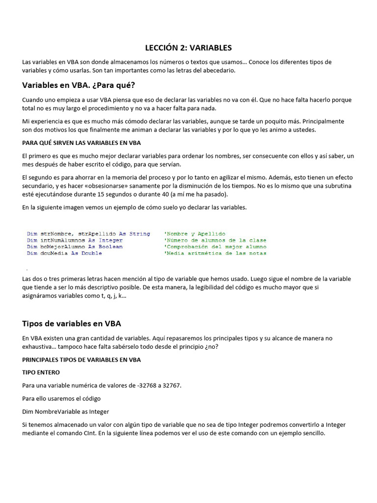 Leccion Nº2 Excel VBA Variables | PDF | Macro (informática) | Cadena (informática)